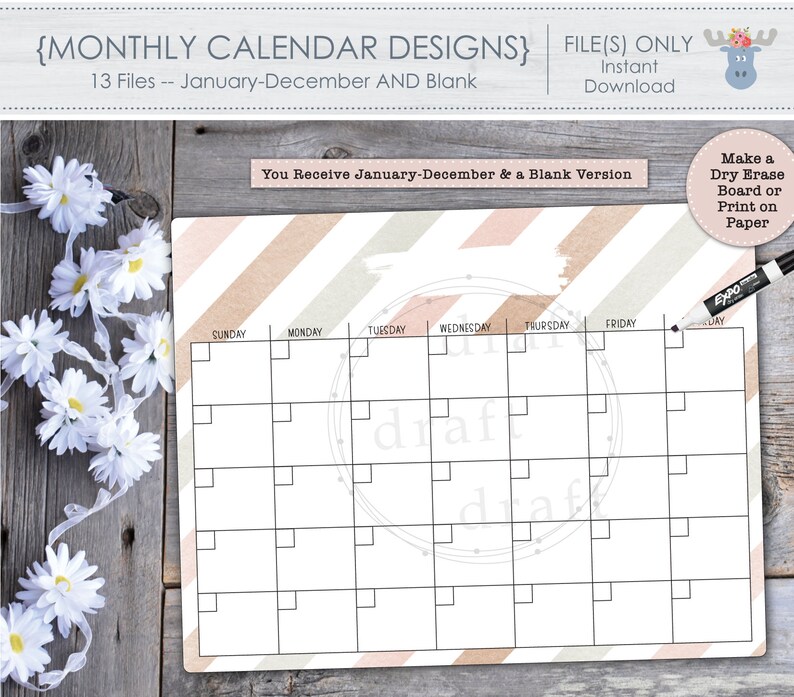 Monthly Calendar Designs ==> 13 Designs - Print on Paper or Dry Erase ...