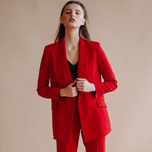 Anniversary Red Suit Women Blazer With High Waisted Wide Leg - Etsy