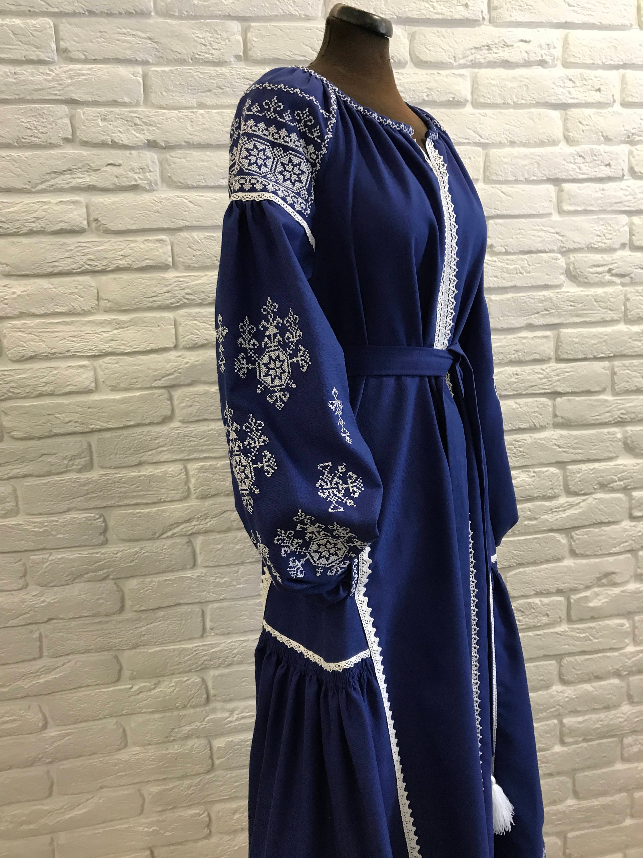 Ukrainian Embroidered Dress Boho Dress dark blue Embroidered | Etsy