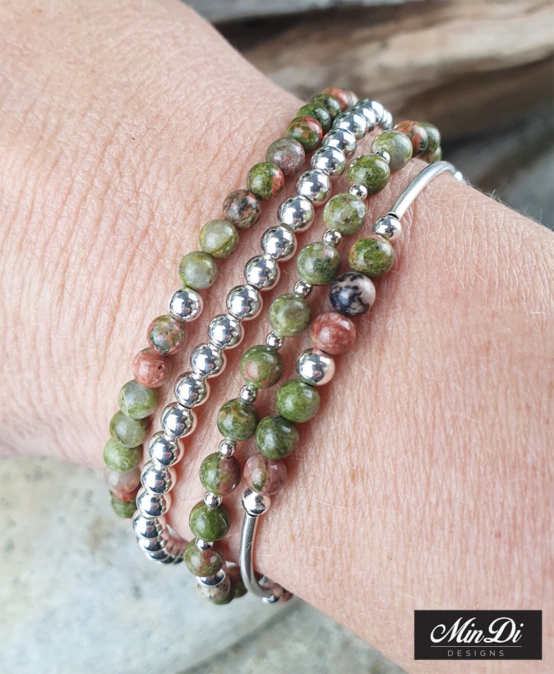 Handmade Stackable Stretch Bracelets With Sterling Silver & Unakite ...