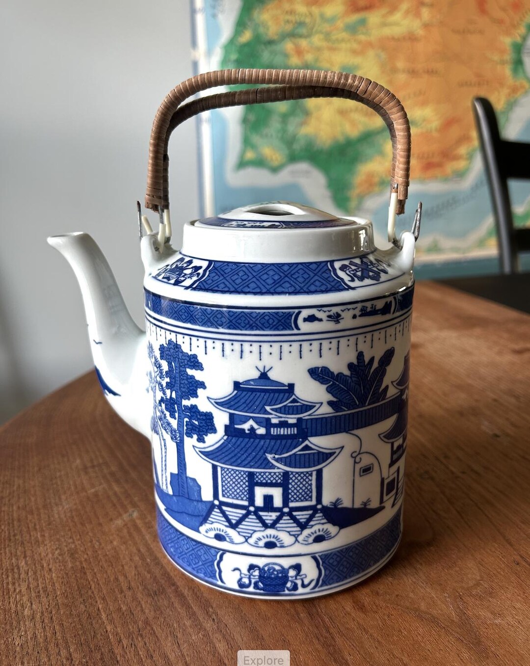 Teapot-blue and White-asian Design-pagoda Design on Side-small Teapot ...