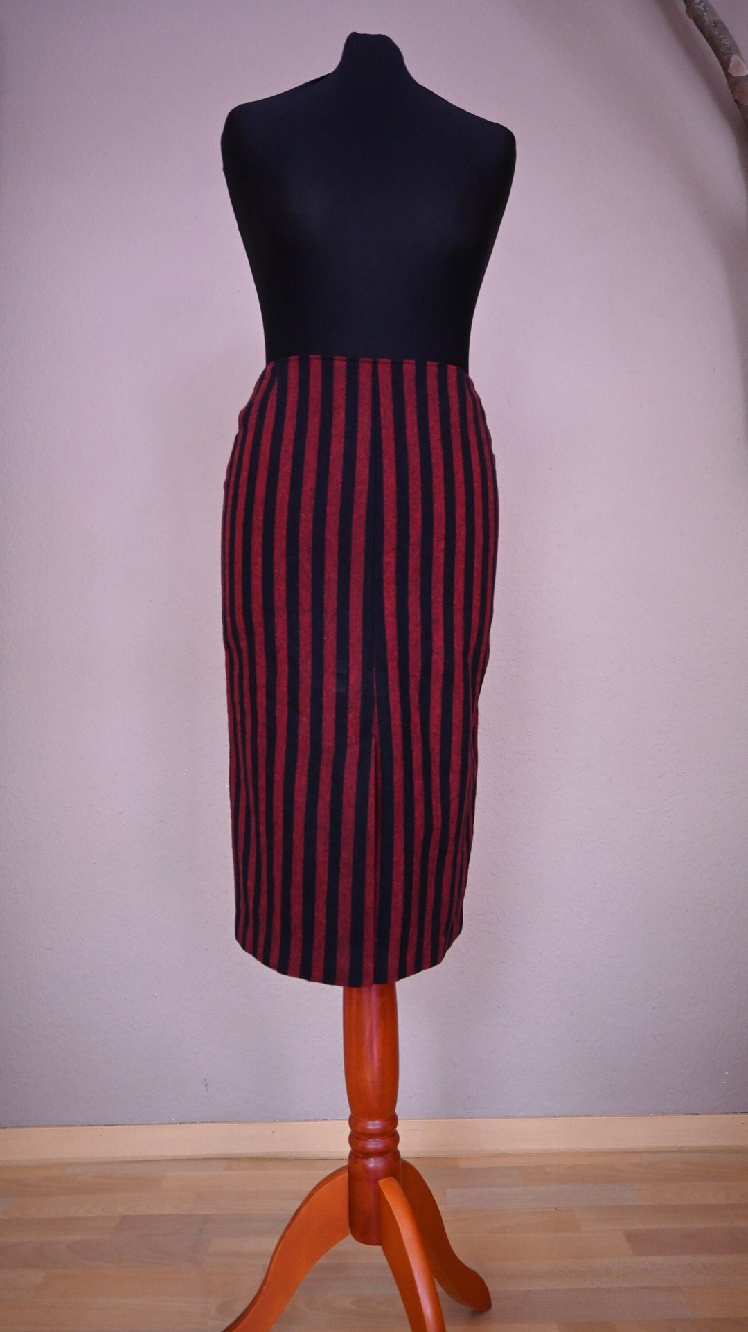 Vintage Skirt 80s Handmade Wool Red Black Longitudinal Stripes - Etsy
