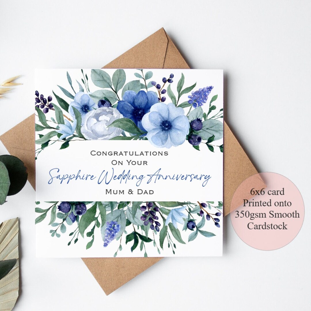 Sapphire Anniversary Card - Handmade Anniversary Card - 45th Wedding Anniversary Card - 65th ...