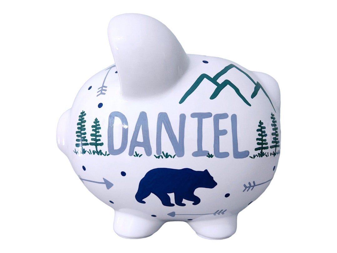 Handpainted Bear Piggy Bank for Boy Personalized, Outdoors Mountain ...