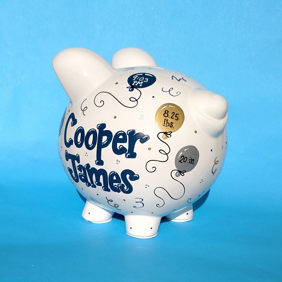Personalized Piggy Bank for Boy Birth Announcement Stats Gift Hand ...