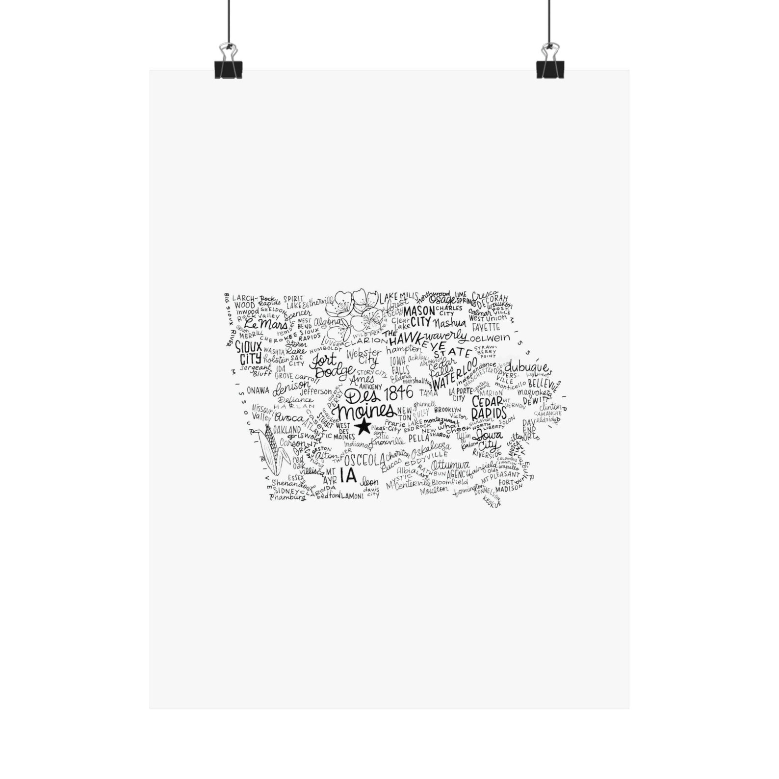 Iowa Map, Typography, Hand Lettering, Map, Print, Matte Vertical ...
