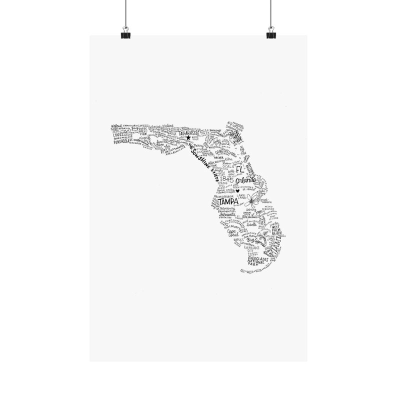 Matte Vertical Posters, Florida, Map of Florida, Print, Orlando, Miami ...