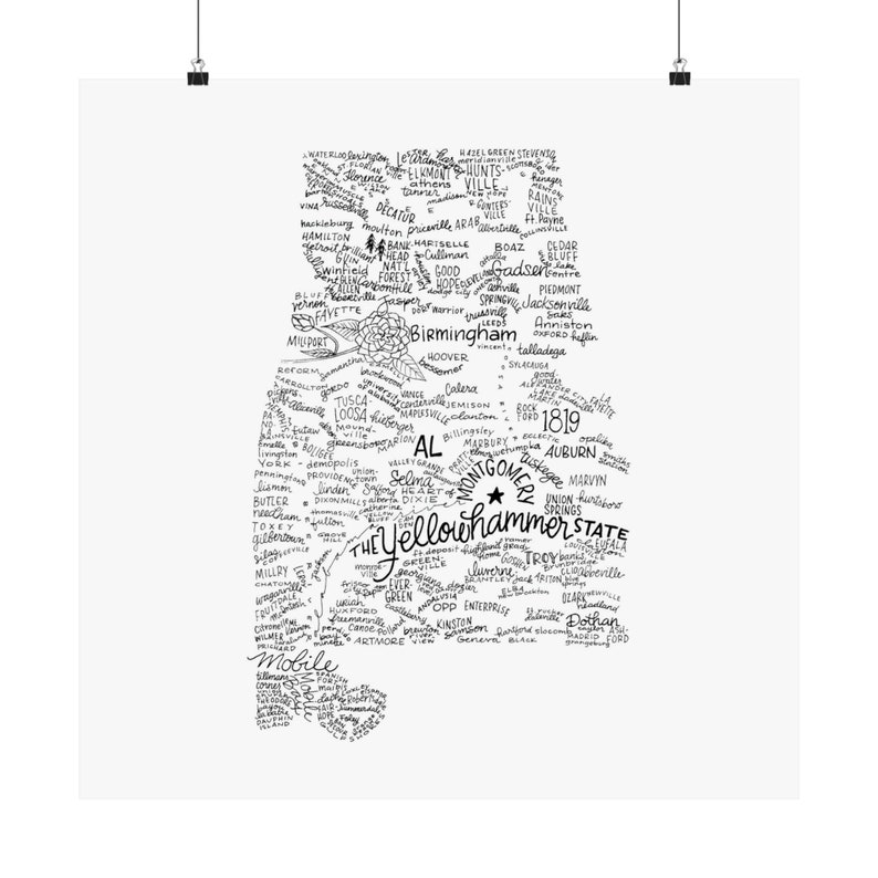 Alabama Map Print, 'the Yellowhammer State', City Typography - Etsy