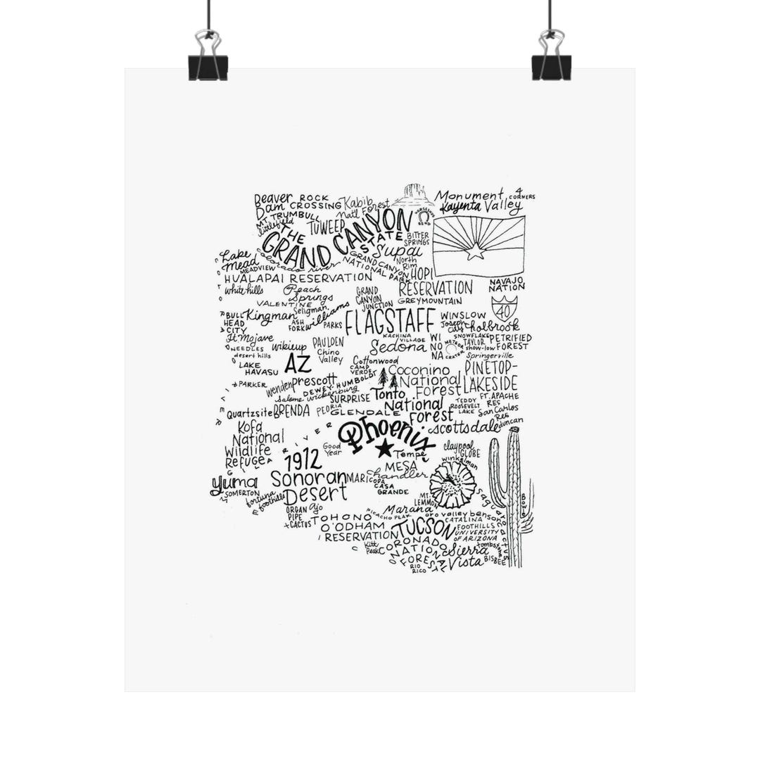 Hand-lettered Arizona Map Matte Vertical Poster | State Map Wall Art - Etsy