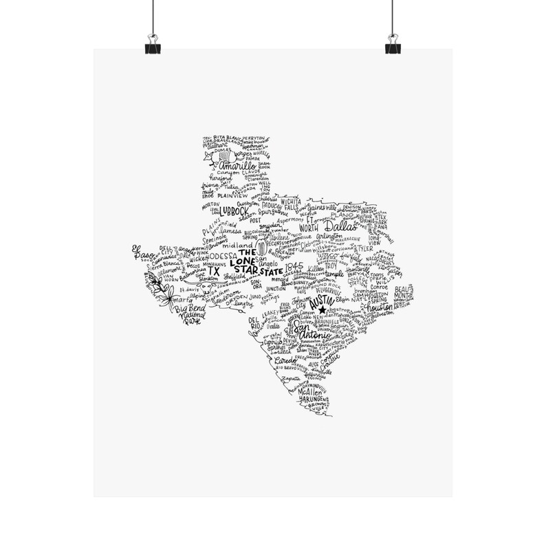 Texas Map, Print, Hand Lettering, Lettering, Type, Typography, Matte ...