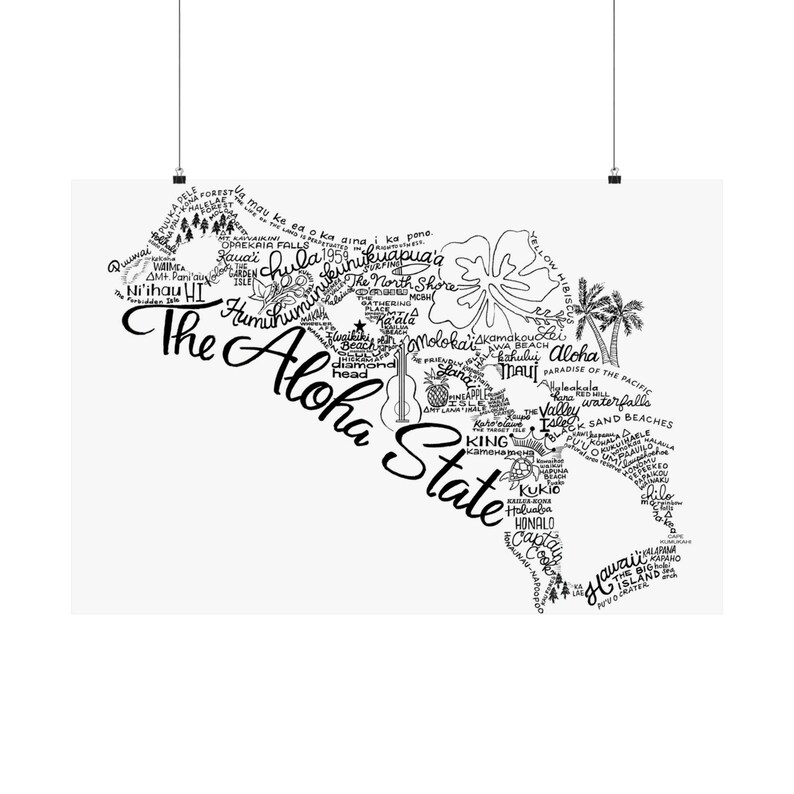 Hawaii Map Print, Hand Lettering Typography, State Map Poster - Etsy
