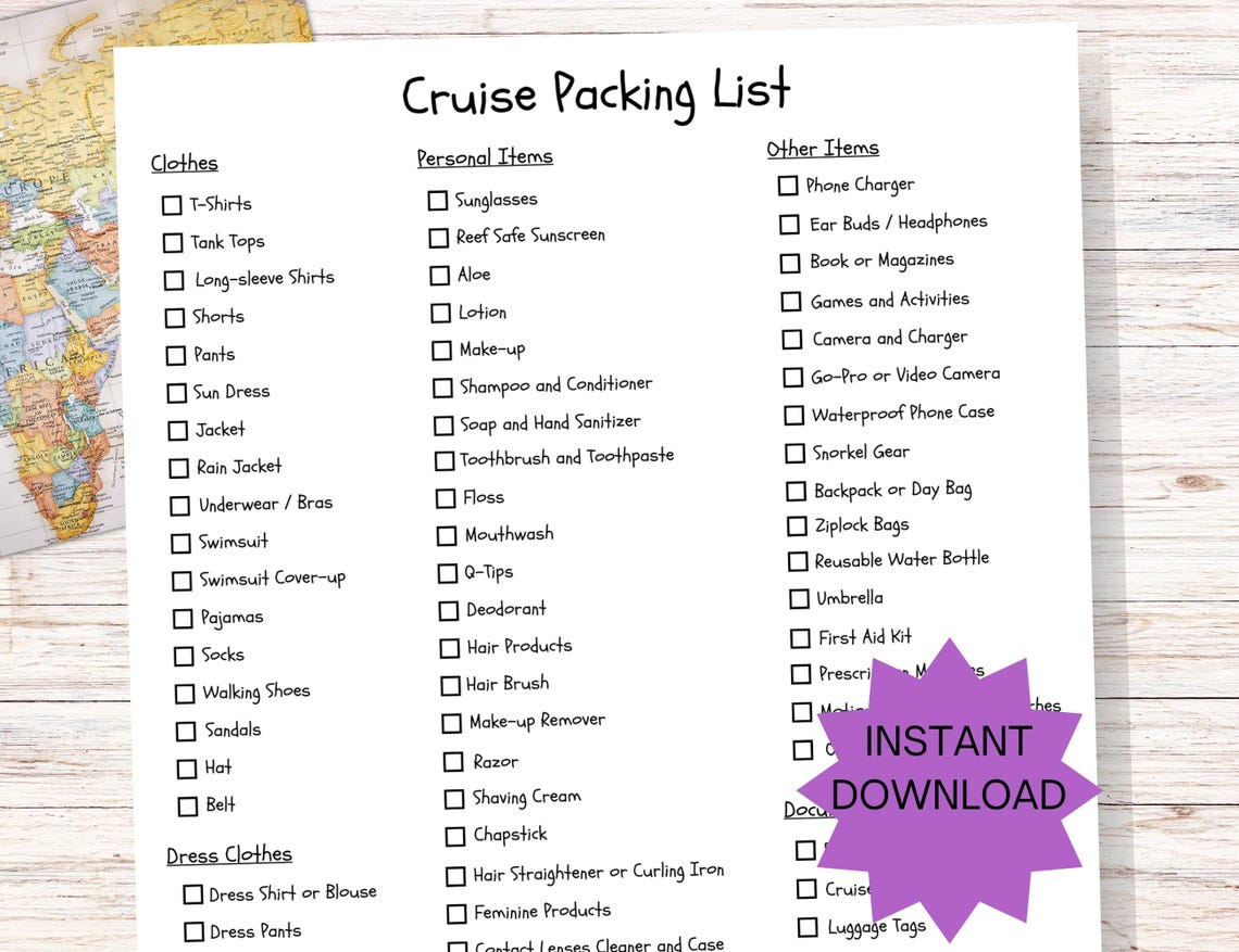 Cruise Packing List, Printable Cruise Travel Planner, Travel Checklist ...