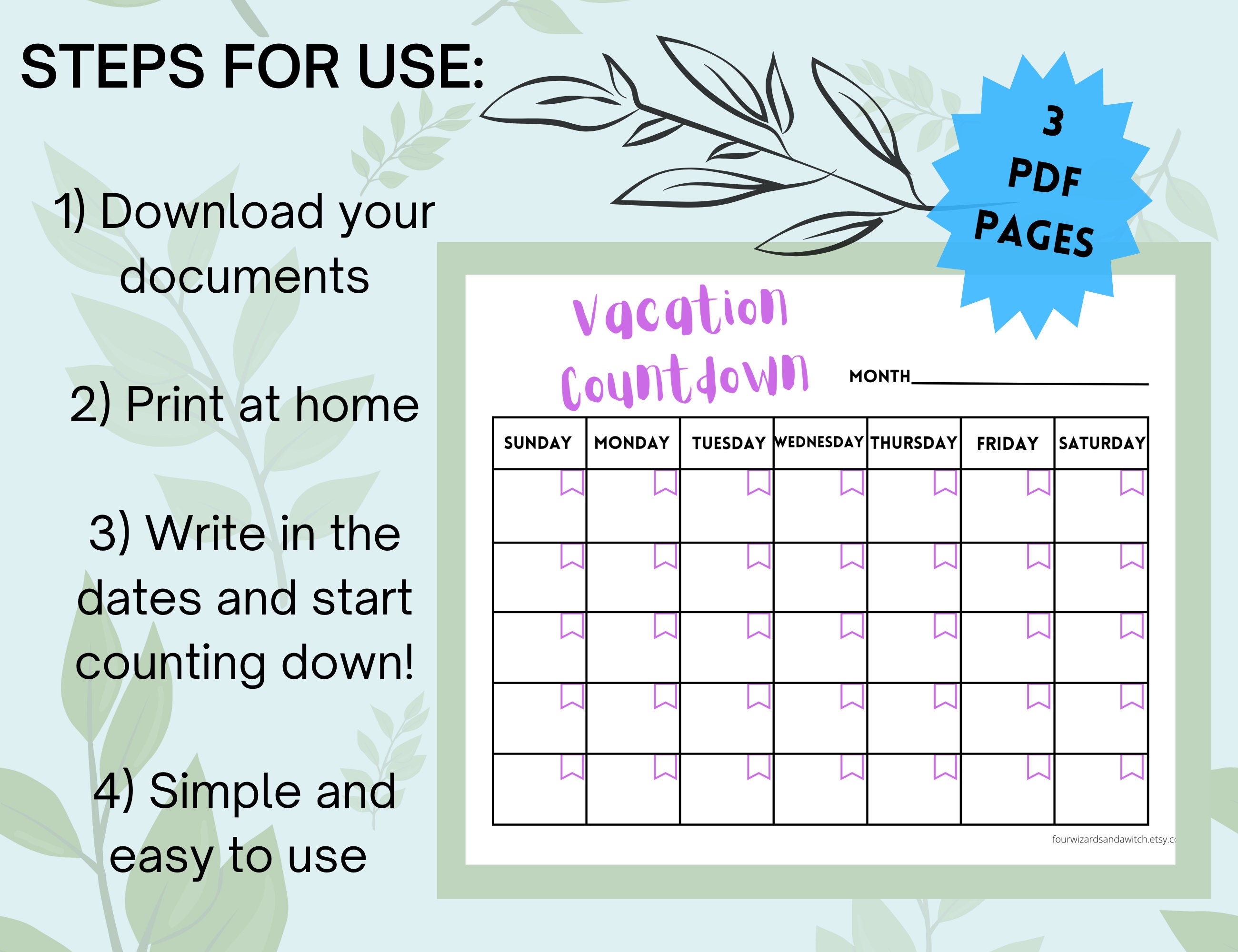 Vacation Countdown Calendar Printable, Holiday Countdown, Minimalism ...