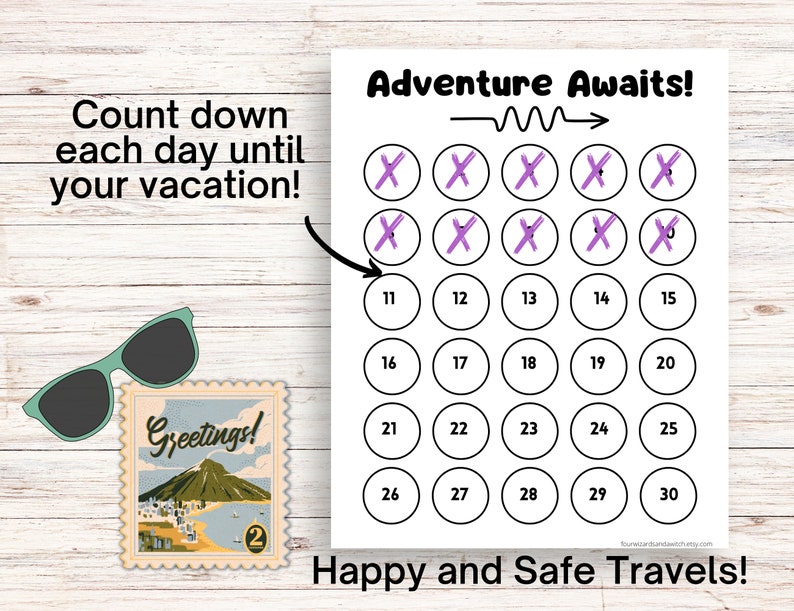 Vacation Countdown Calendar, Adventure Awaits Printable Countdown ...