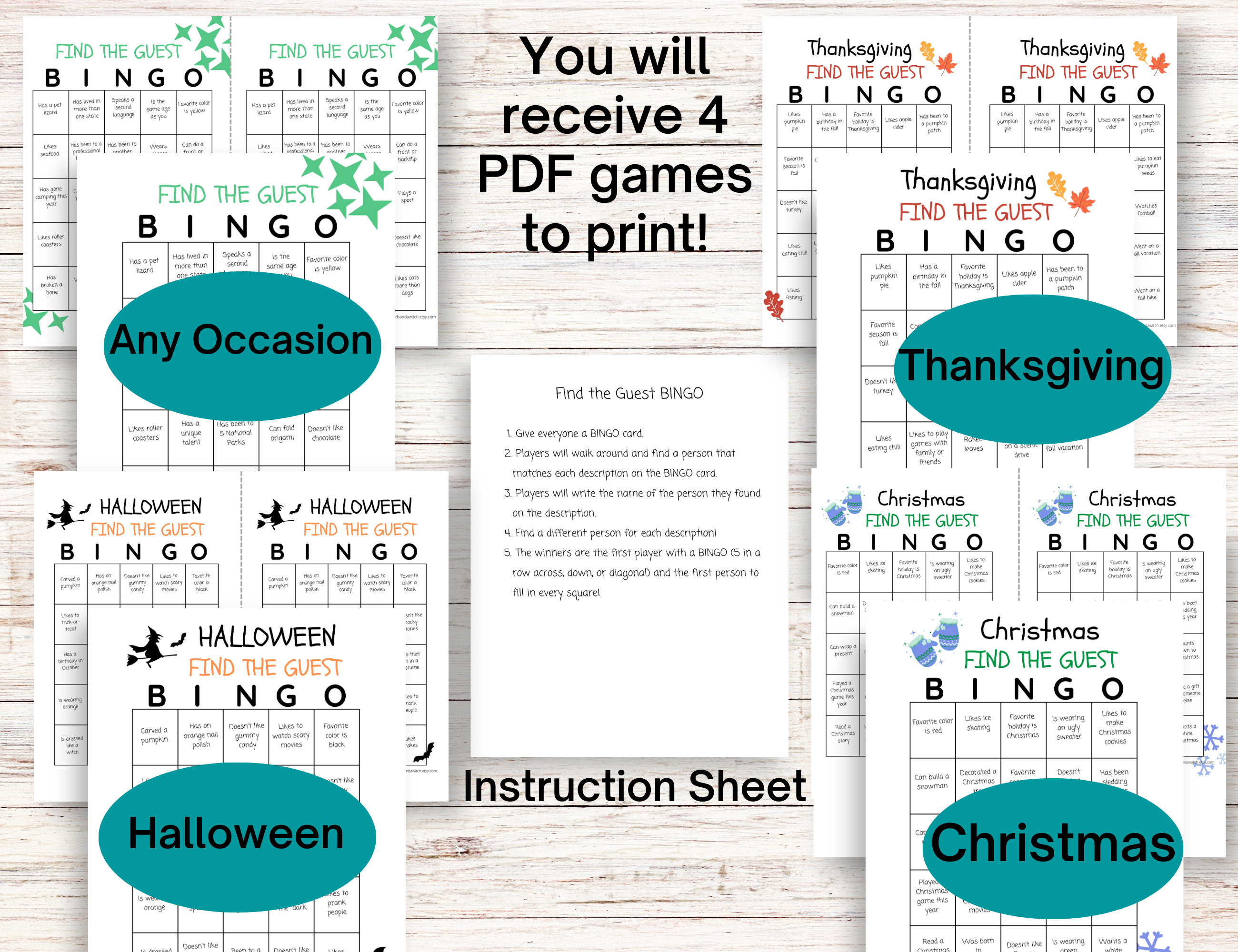 Find the Guest BINGO Game Bundle Holiday BINGO Games Team - Etsy