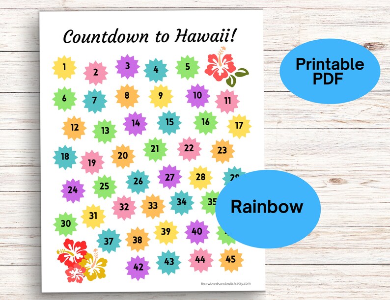 Rainbow Hawaiian Countdown Calendar, Vacation Countdown, Hawaii ...