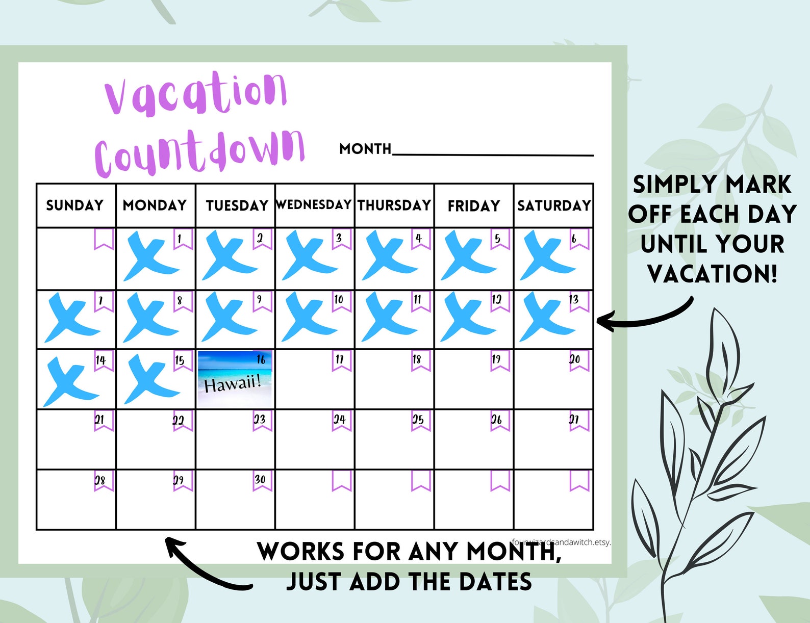 Vacation Countdown Calendar Printable, Holiday Countdown, Minimalism ...
