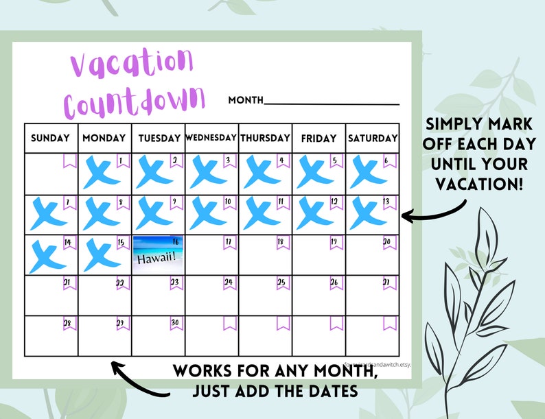 Vacation Countdown Calendar Printable, Holiday Countdown, Minimalism ...