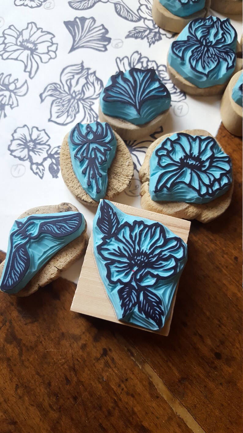 Various handcarved Flowers and Leaves rubber stamps mounted | Etsy