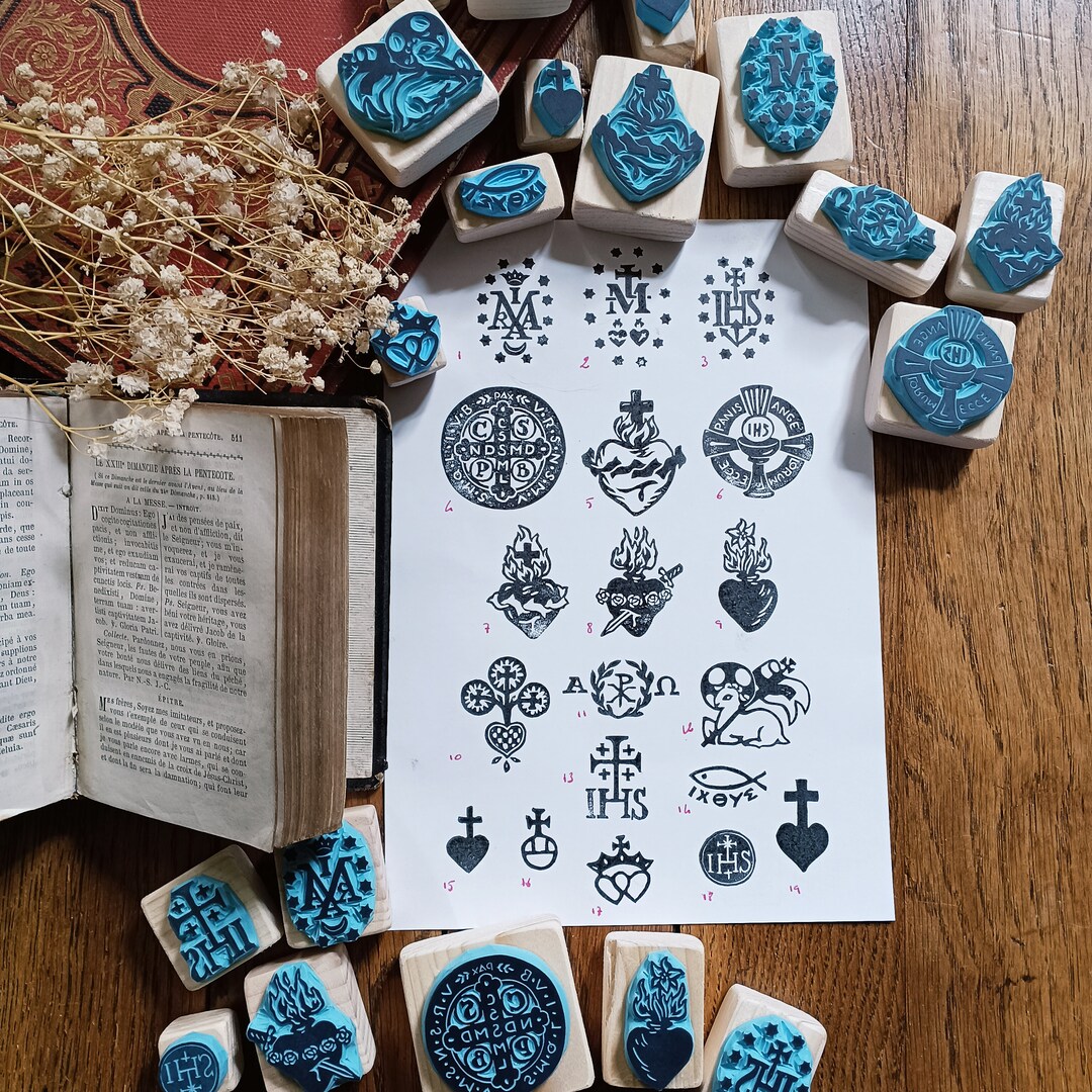 Various Handcarved Sacred Heart and Christians Rubber Stamps, Mounted ...