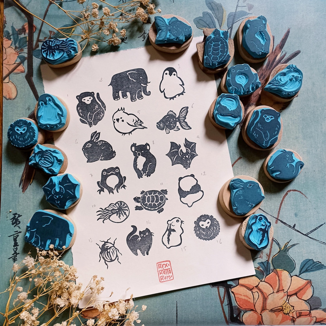 Various Handcarved Cute Animals Rubber Stamps, Mounted on Wood. Price ...