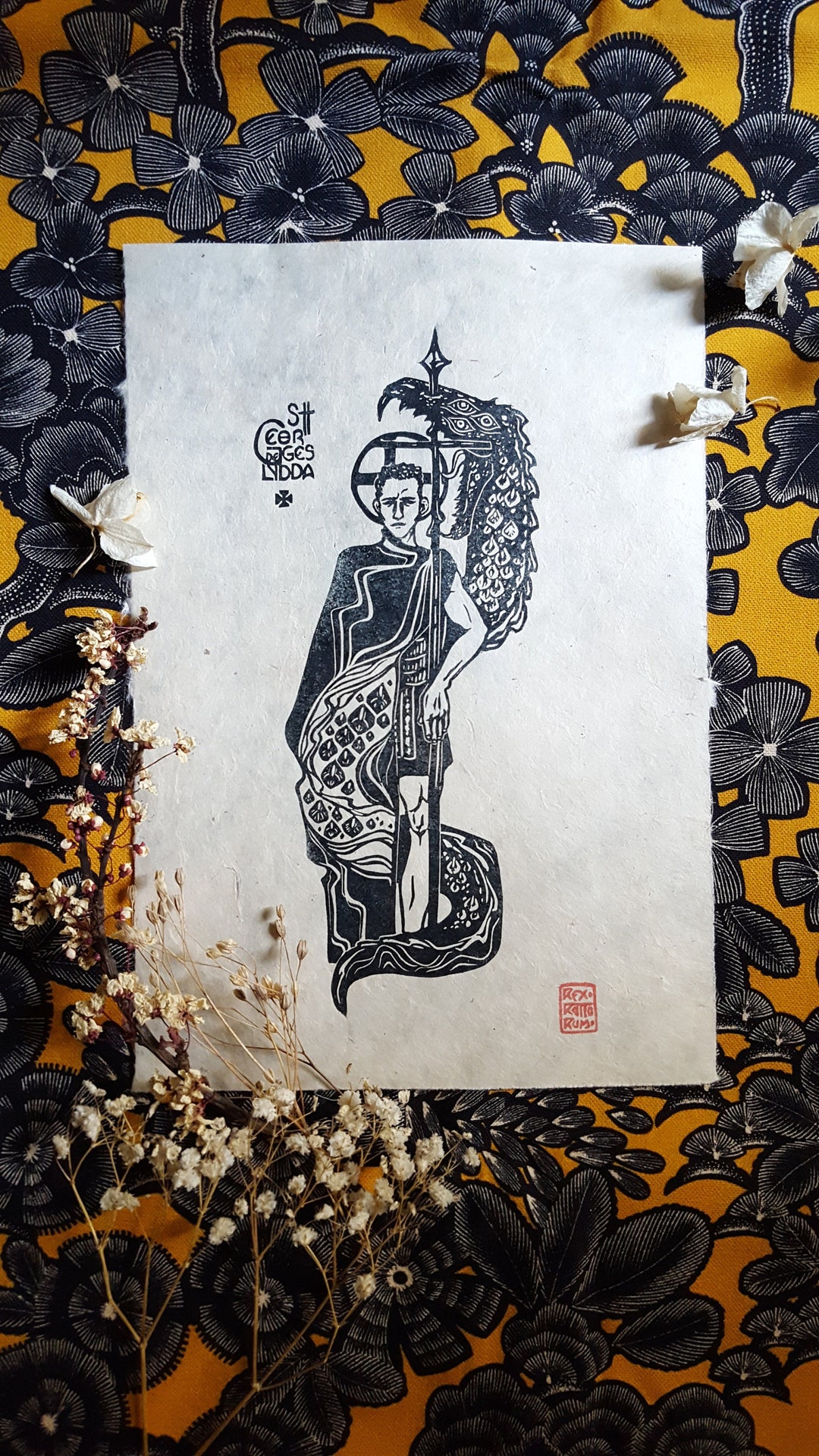 Original Linoprint of Saint George, on Lokta Paper- Handprinted ...