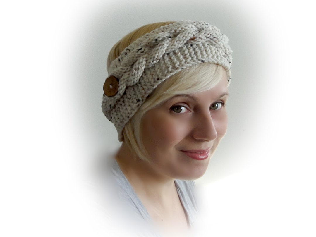 Cable Hand Knitted Headband 44 Colors Coconut Button Ear Warmer