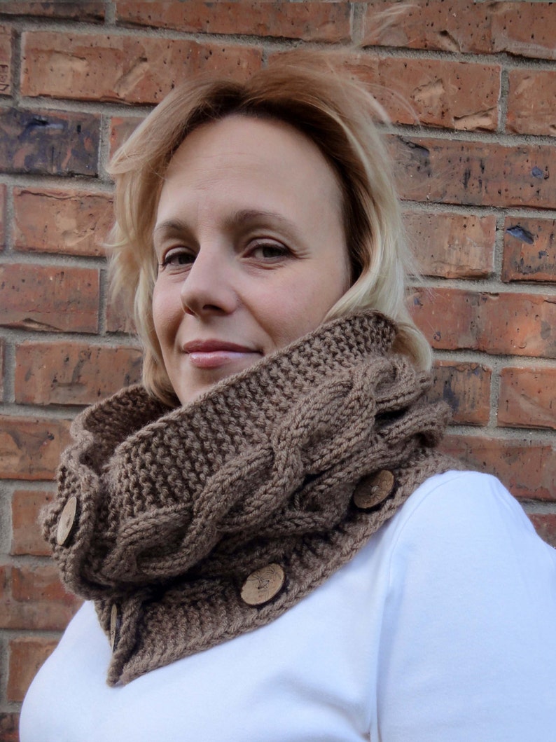 Hand Knitted Cable Cowl With Buttons. Cafe Latte brown or 43 - Etsy