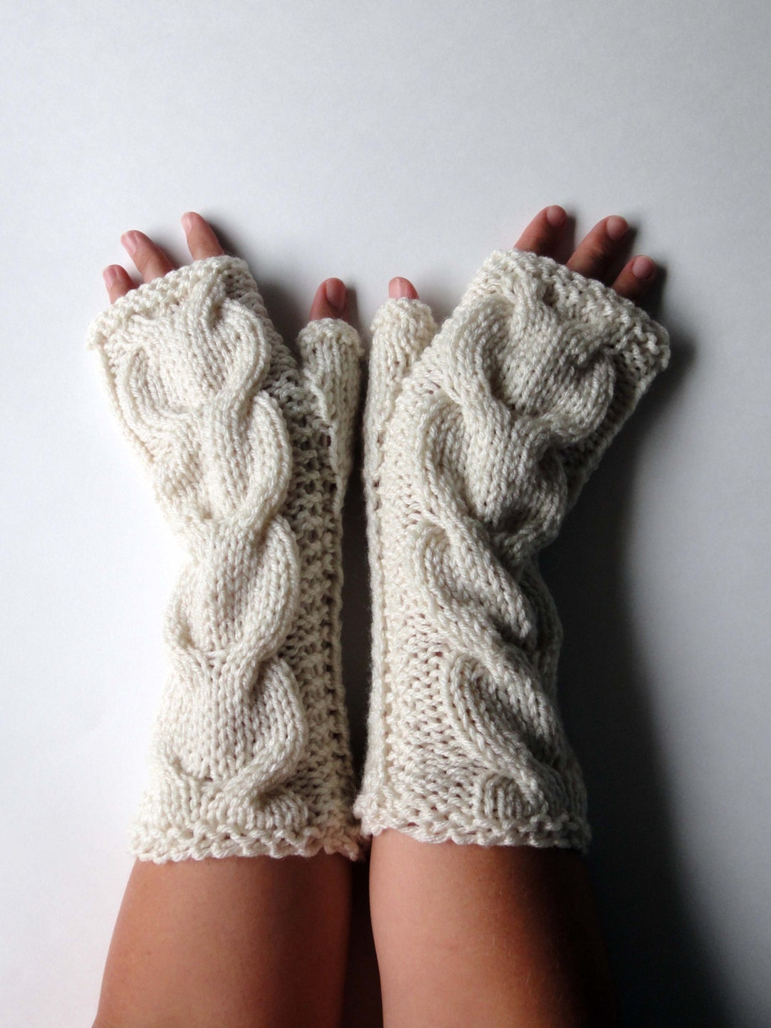 Hand Knitted Cable Fingerless Gloves. Ivory or 44 Different - Etsy