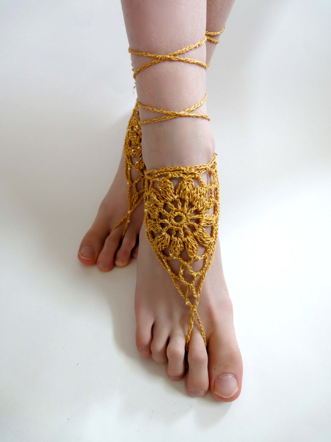 Lace Foot Jewelry. Golden or Silver Crochet Barefoot Sandals. | Etsy