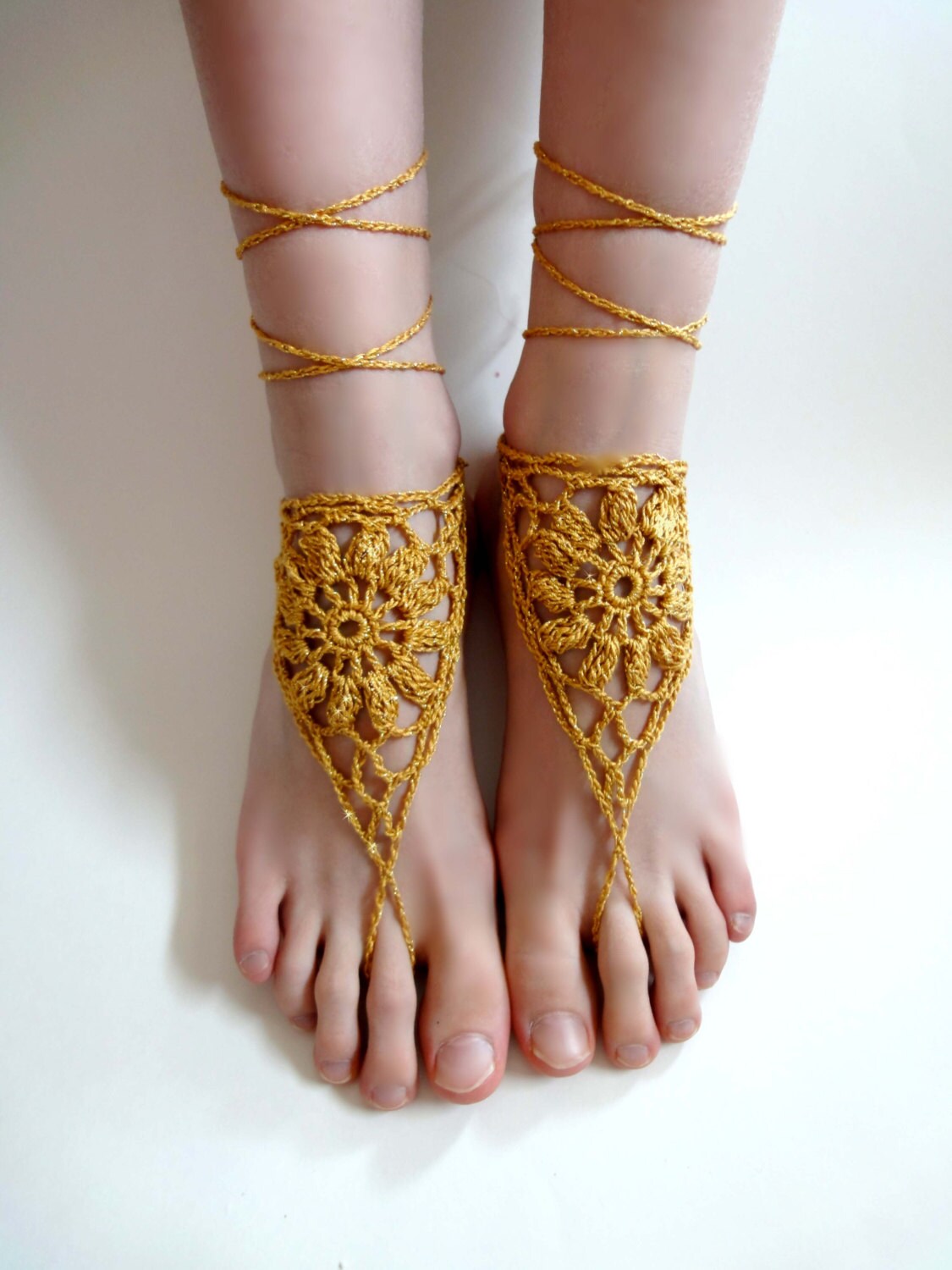 Lace Foot Jewelry. Golden or Silver Crochet Barefoot Sandals. | Etsy
