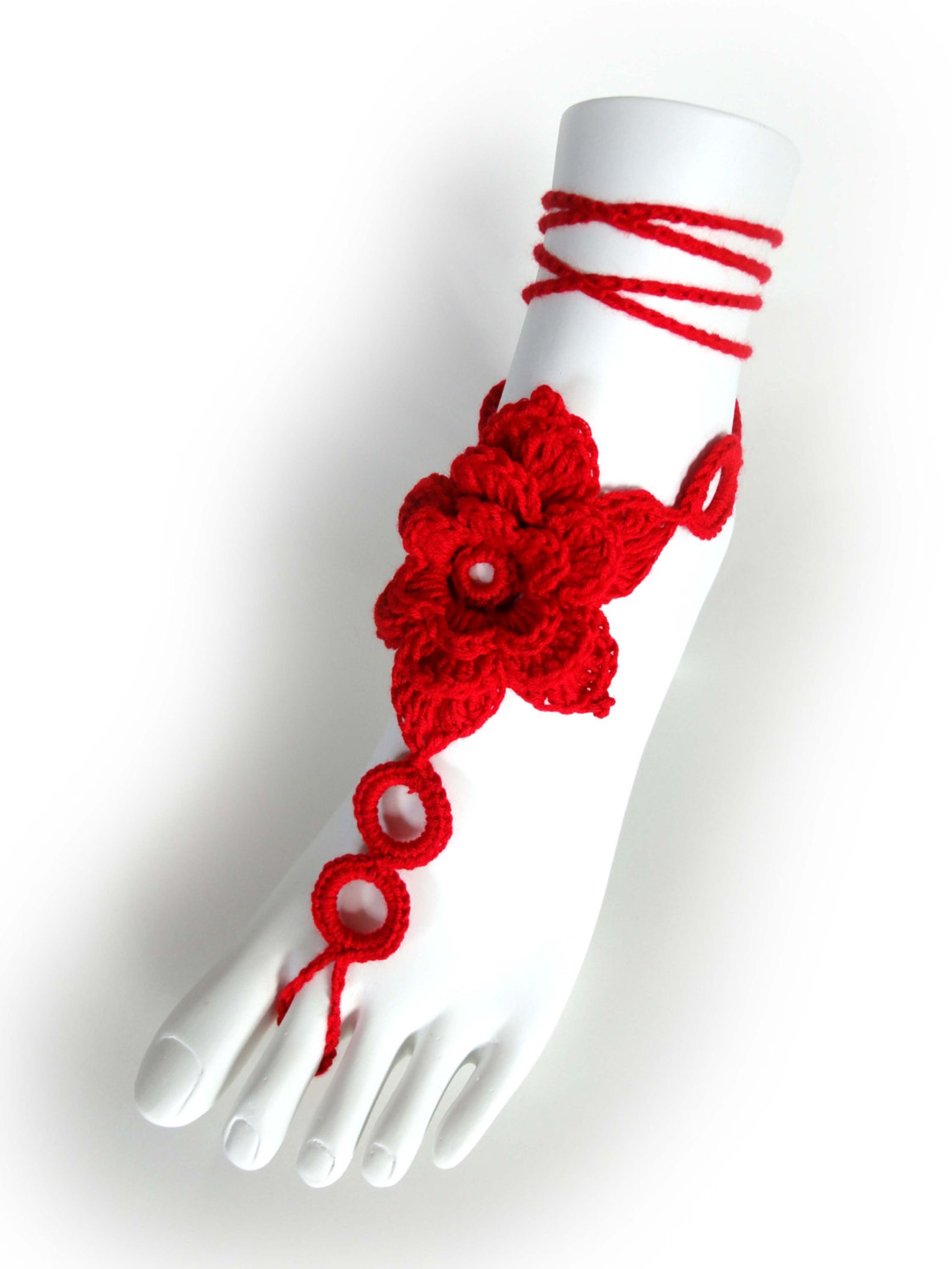 Flower Barefoot Sandals. Red or 27 Colors. Rings. Woman's Crochet Foot ...