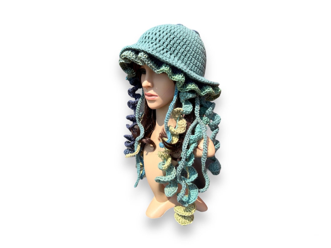 From the Deep Jellyfish Crochet Bucket Hat With Tentacles. Crochet ...