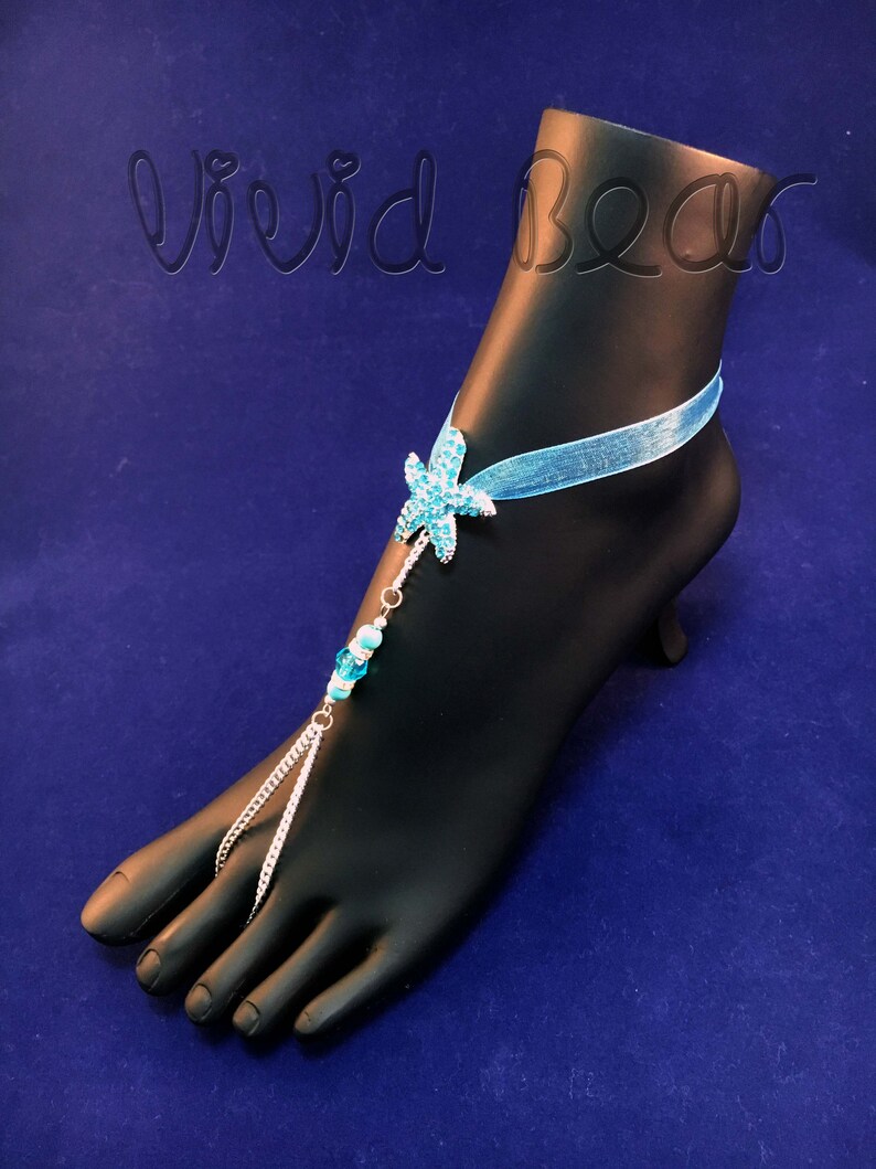 Blue Starfish Barefoot Sandals. Beaded Chain Foot Jewelry. Aqua Blue ...