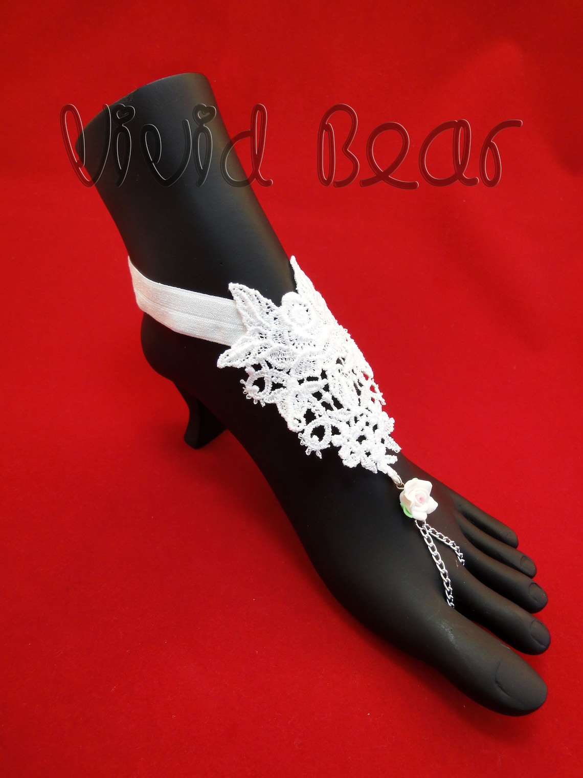Lace Barefoot Sandals. Beaded Foot Jewelry. White Lace. Clay Rose Beads ...