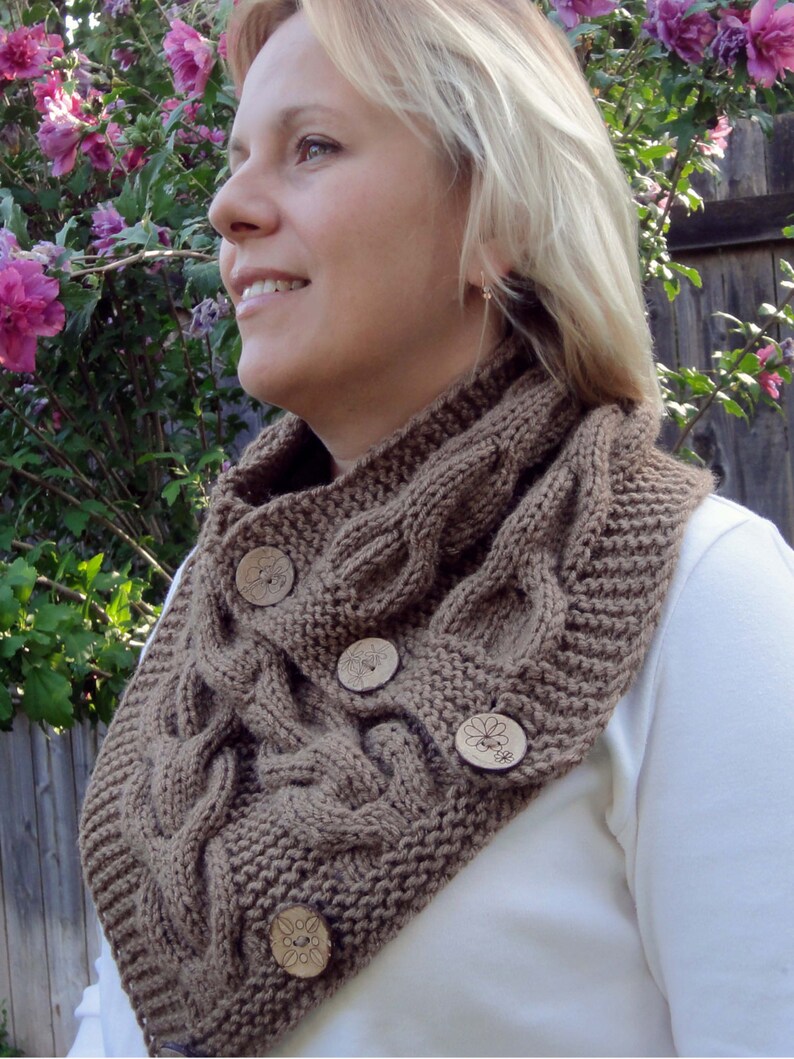 Hand Knitted Cable Cowl With Buttons. Cafe Latte brown or 43 - Etsy