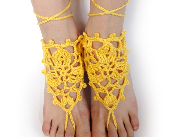 SALE Ready to Ship. Shiny Yellow Crochet Barefoot Sandals Foot Jewelry ...