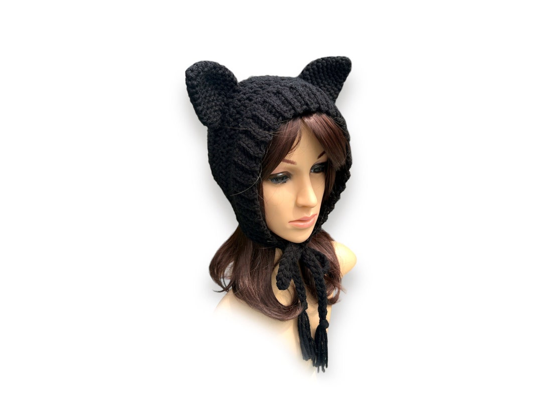 Crochet Bonnet With Cat Ears for Adults. Black or Different Colors ...