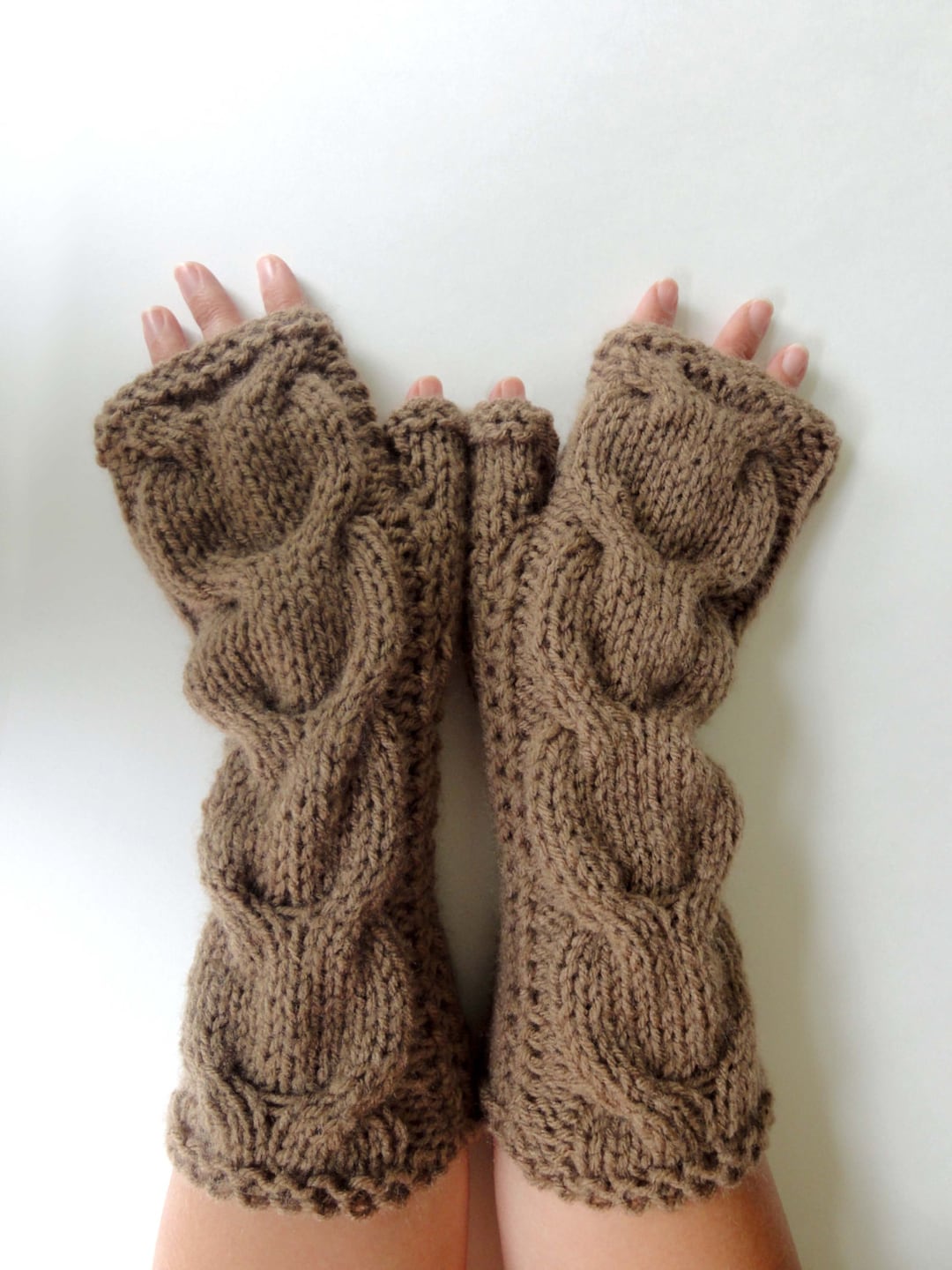 Hand Knitted Cable Fingerless Gloves. Brown or 44 Different Colors. Arm ...