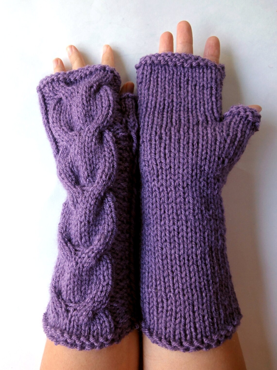 Hand Knitted Cable Fingerless Gloves. Purple or 44 Different Colors ...