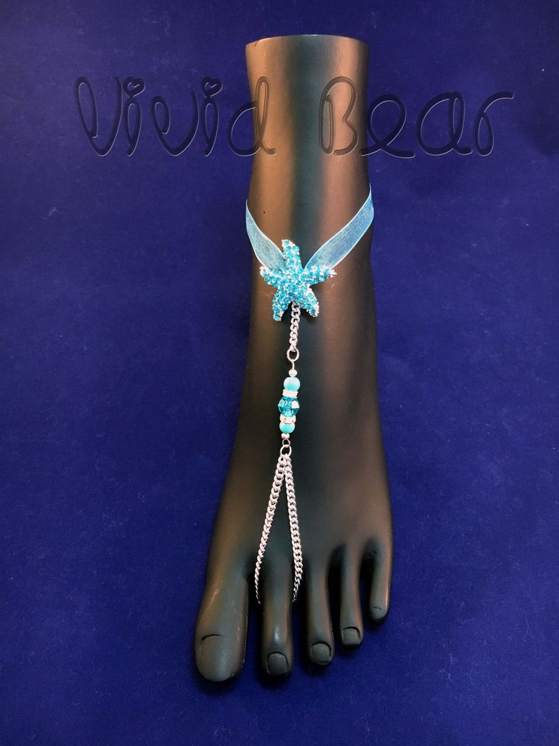Blue Starfish Barefoot Sandals. Beaded Chain Foot Jewelry. Aqua Blue ...