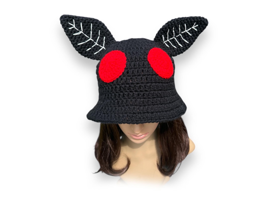 Crochet Mothman Bucket Hat. Black Crochet Cloche Hat With Red Eyes and ...