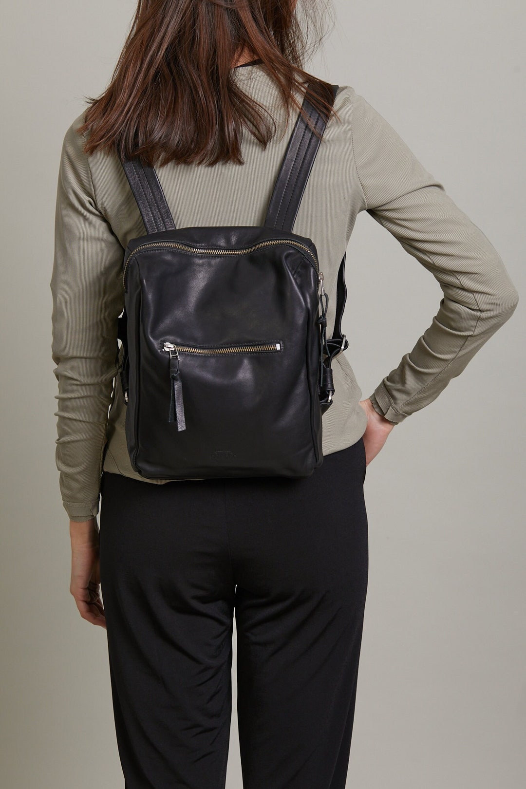 Black Leather Backpack, Black Medium Backpack, Soft Black Zipper ...