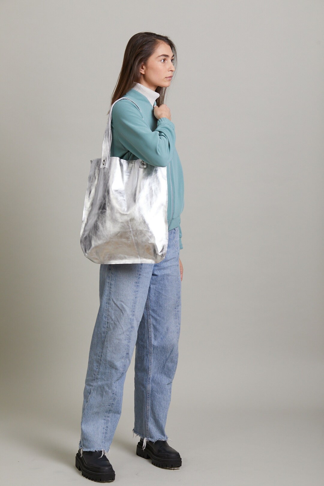 Silver Leather Tote, Silver Tote Bag, Silver Handbag, Silver Tote for ...