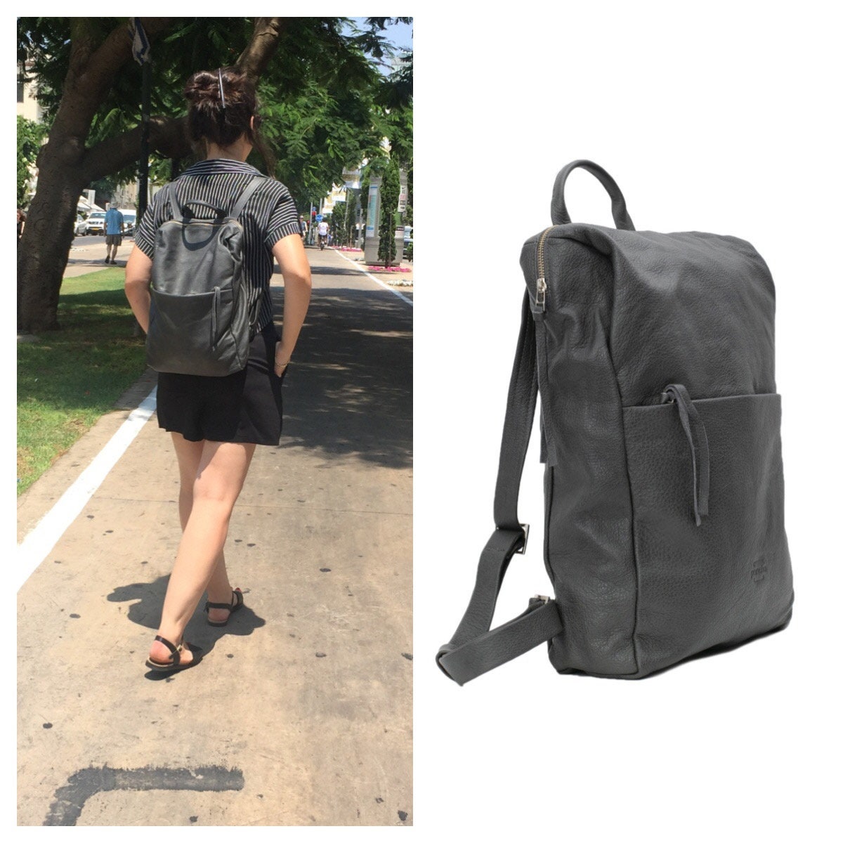 Large Dark Gray Leather Backpack, Dark Gray Unisex Leather Backpack ...