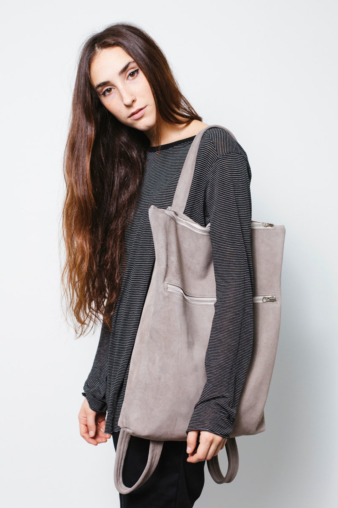 Large Gray Suede Backpack,gray Leather Backpack,big Suede Shoulder Bag ...