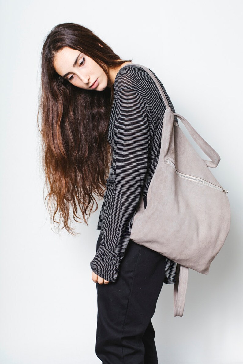 Large Gray Suede Backpack,gray Leather Backpack,big Suede Shoulder Bag ...