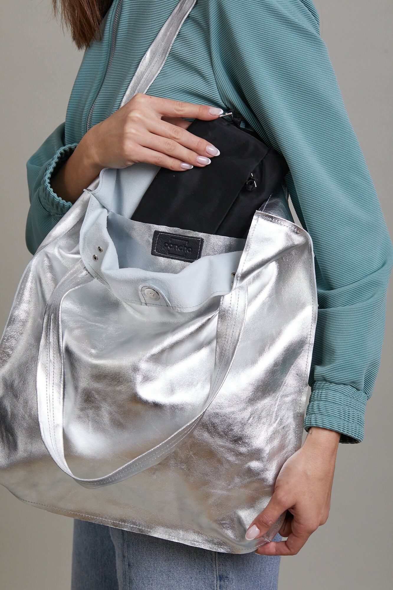 Silver Leather Tote, Silver Tote Bag, Silver Handbag, Silver Tote for ...