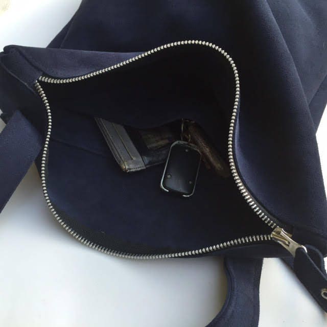 Dark Blue Suede Zipper Bag,large Navy Leather Tote Bag,blue Suede ...