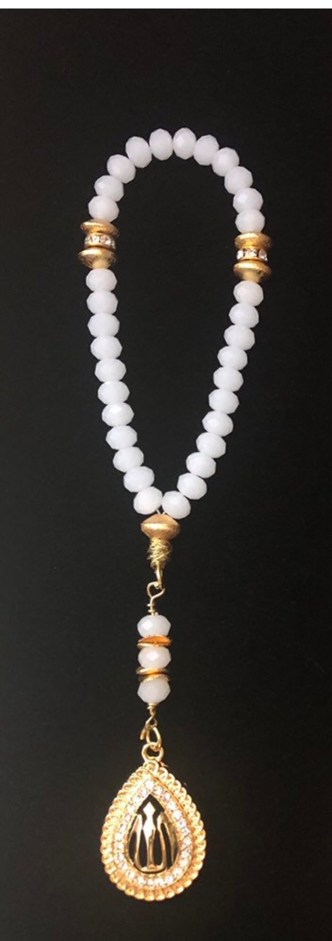 33 Para White Crystal Tasbih With Gold Plated Teardrop Shaped Allah ...